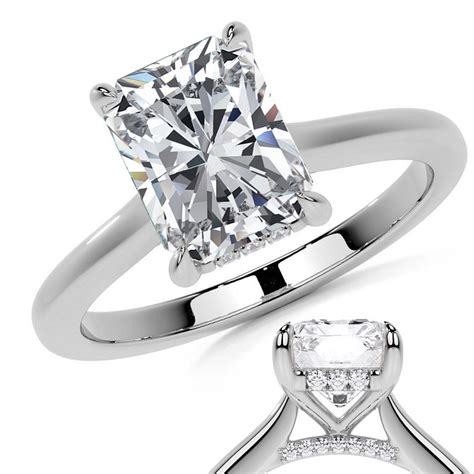 Emerald Radiant 4 Prong Hidden Halo Moissanite Engagement Ring