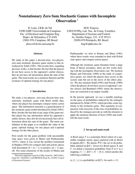 pdf nonstationary zero sum stochastic games with incomplete observation