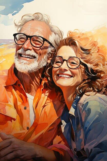 Premium Photo Water Color Of A Old Man And Woman Posing Together At The Seaside
