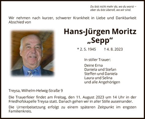 Traueranzeigen von Hans Jürgen Moritz Trauer HNA de