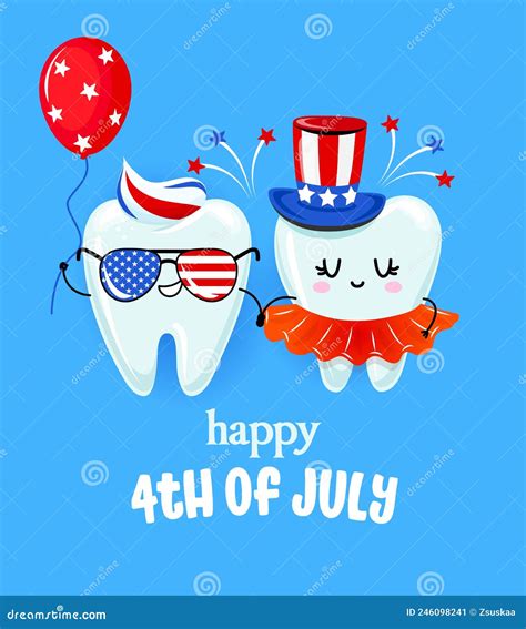Happy 4th Of July Tooth Couple Character Design In Kawaii Style