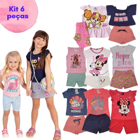 Kit Sortido 6 Peças de Roupas Infantil Menina 3 Camisetas e 3 Bermudas