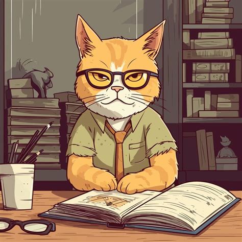 Premium Vector Cat Reading Book Cartoon Vector Illustration