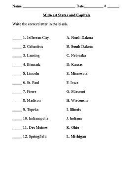Midwest States And Capitals Quiz Printable