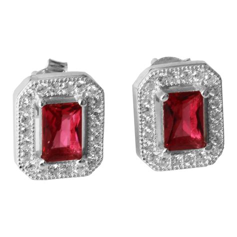 Emerald Cut Ruby Halo Cubic Zirconia Stud Earrings With Butterfly Fastening