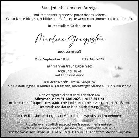 Traueranzeigen Von Marlene Griypstra Wirtrauern