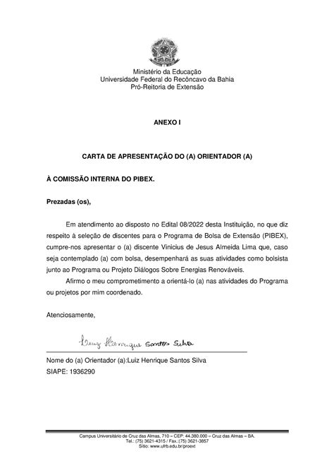 Carta de Apresentao para projeto de extensão Vinicius Lima