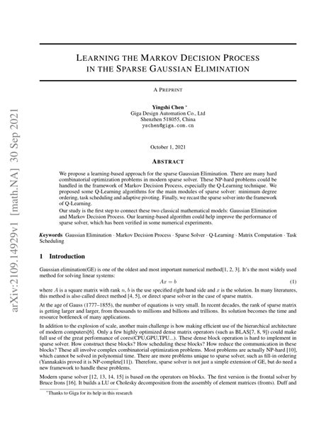 pdf learning the markov decision process in the sparse gaussian elimination
