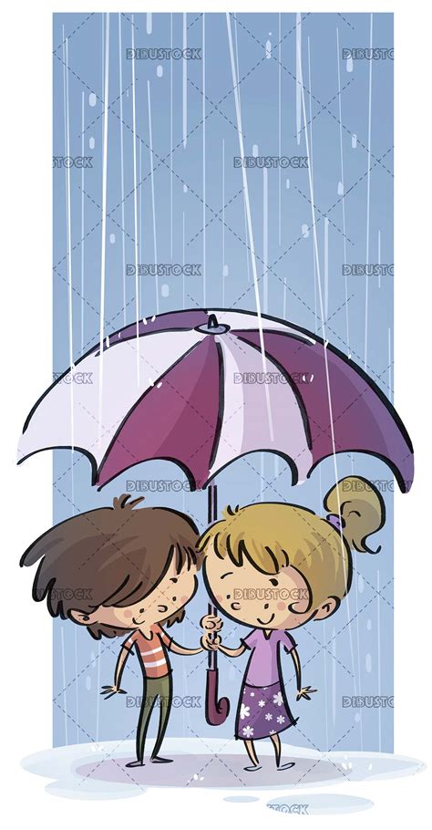 Niño y niña con paraguas bajo la lluvia Dibustock Ilustraciones
