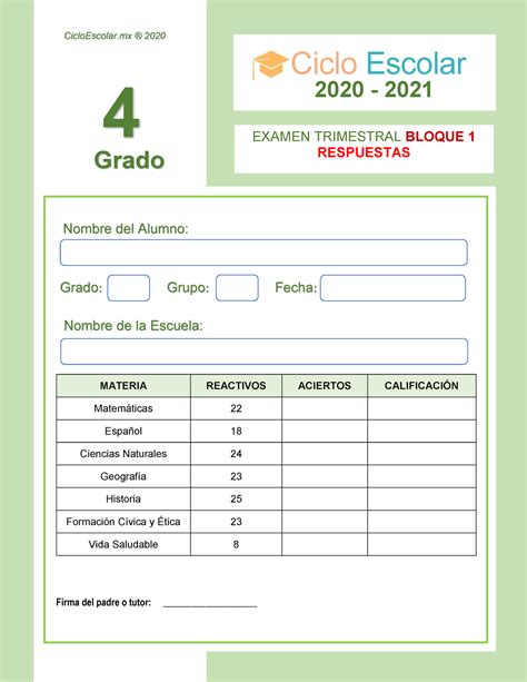 Respuestas Examen Trimestral Cuarto Grado Bloque 1 4 Nombre