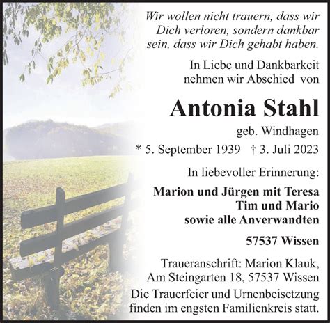 Traueranzeigen Von Antonia Stahl Rz Trauer De