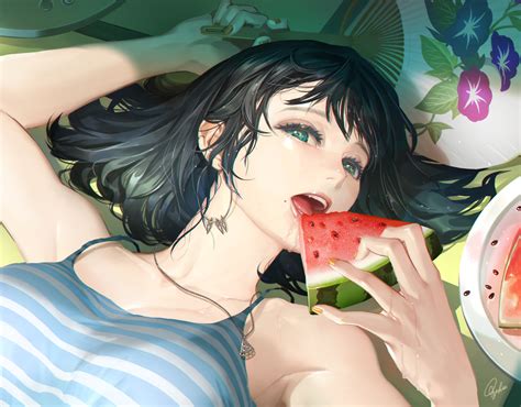 Wallpaper Anime Girls Black Hair Dark Hair Green Eyes Necklace Watermelons Eating Hand
