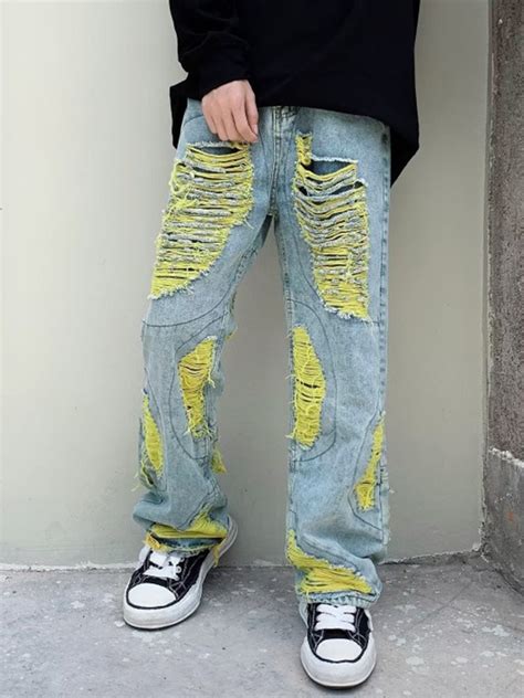Emmiol Free Shipping 2023 Men S Yellow Ripped Splice High Waist Skinny