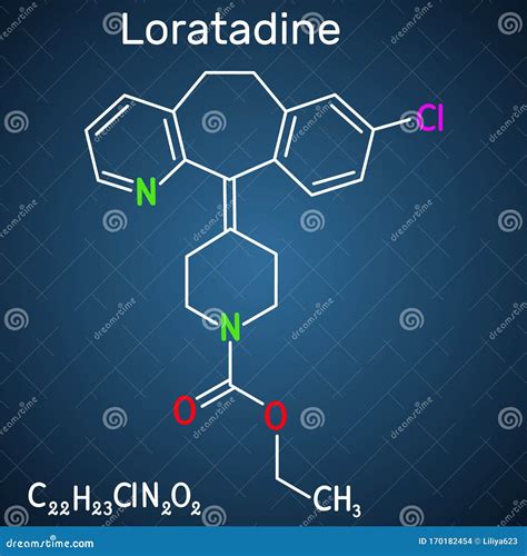 氯雷他定C22H23ClN2O2分子 抗组胺药用于治疗过敏 深蓝的结构化学公式 向量例证 插画 包括有 平面 图标 170182454