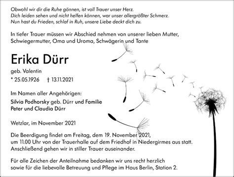 Traueranzeigen von Erika Dürr vrm trauer de