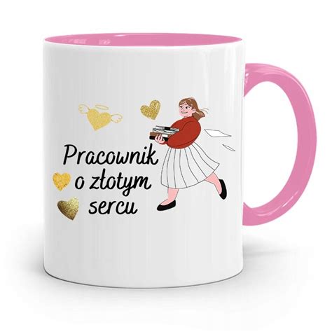 DLA PRACOWNIKA KUBEK RÓŻOWY O ZŁOTYM SERCU PREZENT z Nadrukiem ze