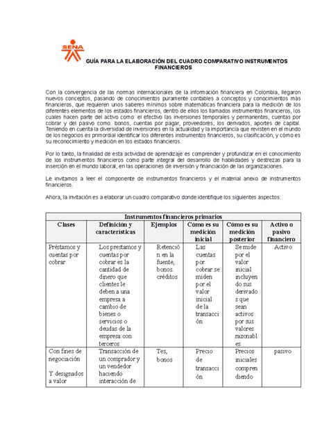 Cuadro comparativo instrumentos financieros GUÍA PARA LA ELABORACIÓN