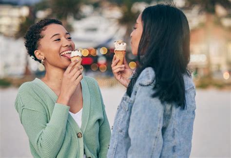 Ice Cream Beach And Lesbian Couple Eating Dessert In Sunset Together On An Outdoor Vacation Or
