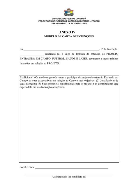 MODELO DE CARTA DE INTENÇÃO PARA PROJETO DE EXTENSÃO Esquemas Ética