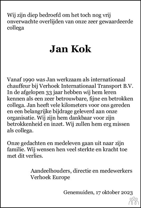 Jan Kok 17 10 2023 Overlijdensbericht En Condoleances Mensenlinq Nl