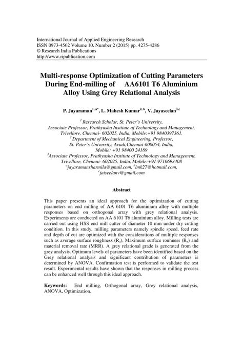 pdf multi response optimization of cutting parameters during end milling of aa6101 t6