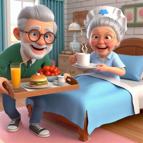La abuela en la cama y el abuelo trae el desayuno rompecabezas en línea