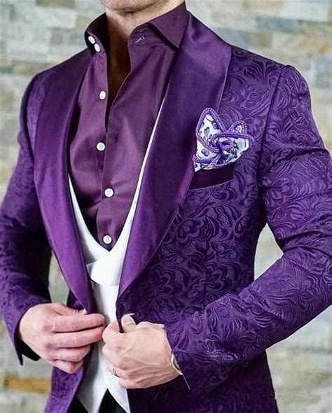 Item Men S Three Piece Purple Jacquard With White Vest Tuxedo In