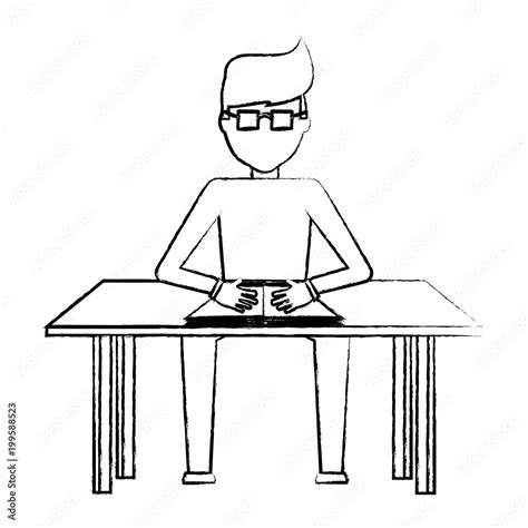 Sketch Of Avatar Man Studying And Sitting At Desk Over White Background