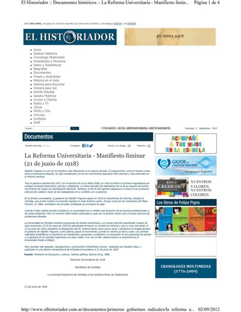 La Reforma Universitaria Manifiesto Liminar 21 De Junio De 1918