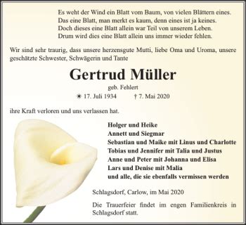 Traueranzeigen von Gertrud Müller Trauer Nordkurier