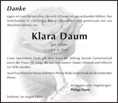 Traueranzeigen Von Klara Daum Vrm Trauer De