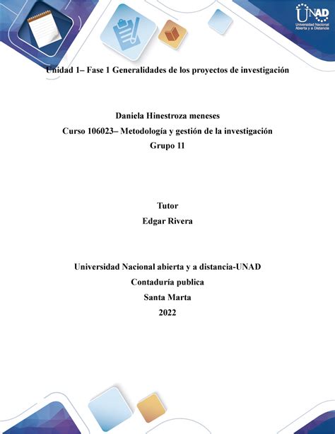 Unidad 1 Fase 1 Generalidades De Los Proyectos De Investigacion