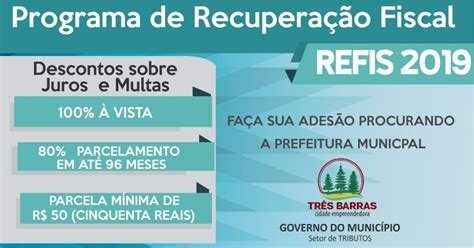 Prefeitura de Três Barras lança Refis 2019 parcelamento em até 96 meses