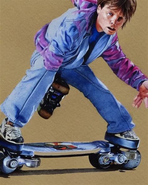 Krea Photorealistic Watercolor Of Marty Mcfly Skating On The