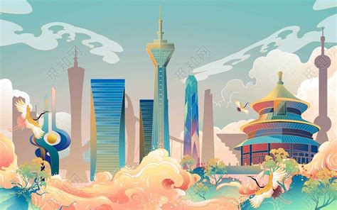 国潮城市建筑原创海报背景插画素材免费下载 觅知网