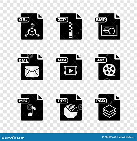 Set OBJ File Document ZIP BMP MP3 PPT PSD EML And MP4 Icon