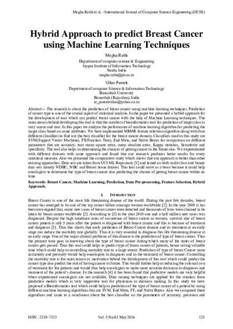 pdf hybrid approach to predict breast cancer using machine learning techniques megha rathi
