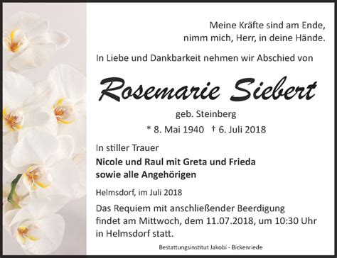 Traueranzeigen Von Rosemarie Siebert Trauer In Thueringen De