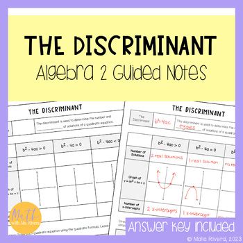 Using The Discriminant Types Of Quadratic Solutions Guided Notes For