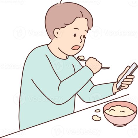 barn äta tittar på tecknade serier på mobiltelefon 21478044 PNG
