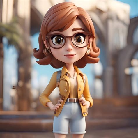 Ilustração 3d de uma garota de desenho animado bonita óculos e uma