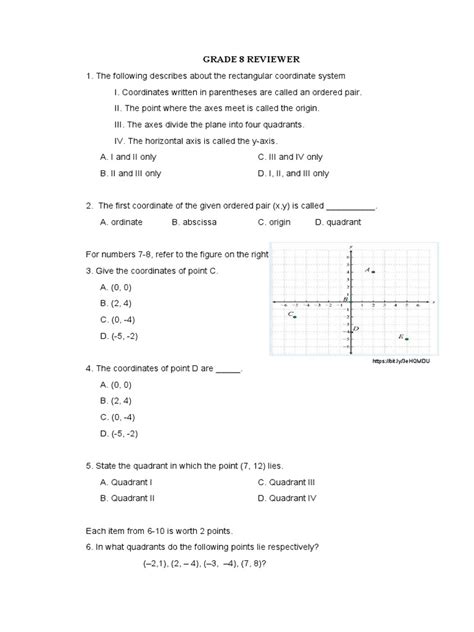 grade 8 reviewer pdf cartesian coordinate system equations