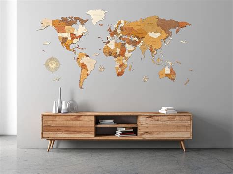 Carte du monde en bois pour décoration murale bois teinté multicolore