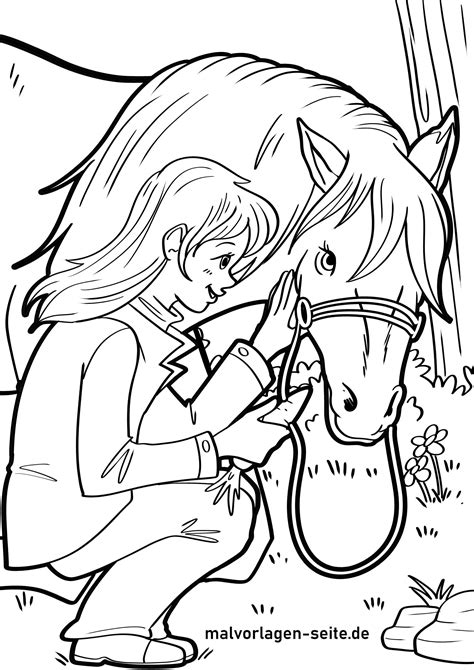 Malvorlage Mädchen mit Pferd Ausmalbild kostenlos herunterladen