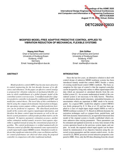 pdf modified model free adaptive predictive control applied to vibration reduction of
