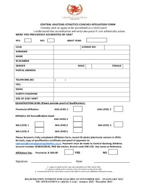 Fillable Online Central Gauteng Athletics Coaches Affiliation Form Fax