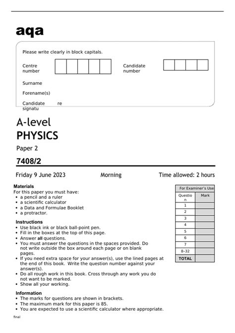aqa a level physics 7408 2 question paper and mark scheme june2023 final stuvia us