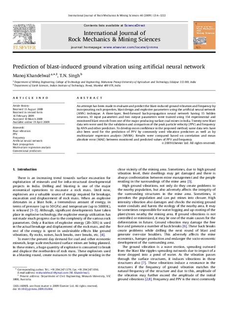 pdf prediction of blast induced ground vibration using artificial neural network manoj
