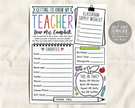 Favorites Teacher Survey Editable Template Getting To Know My Teacher