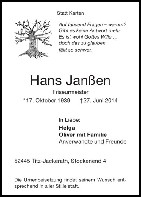 Traueranzeigen von Hans Janßen Aachen gedenkt